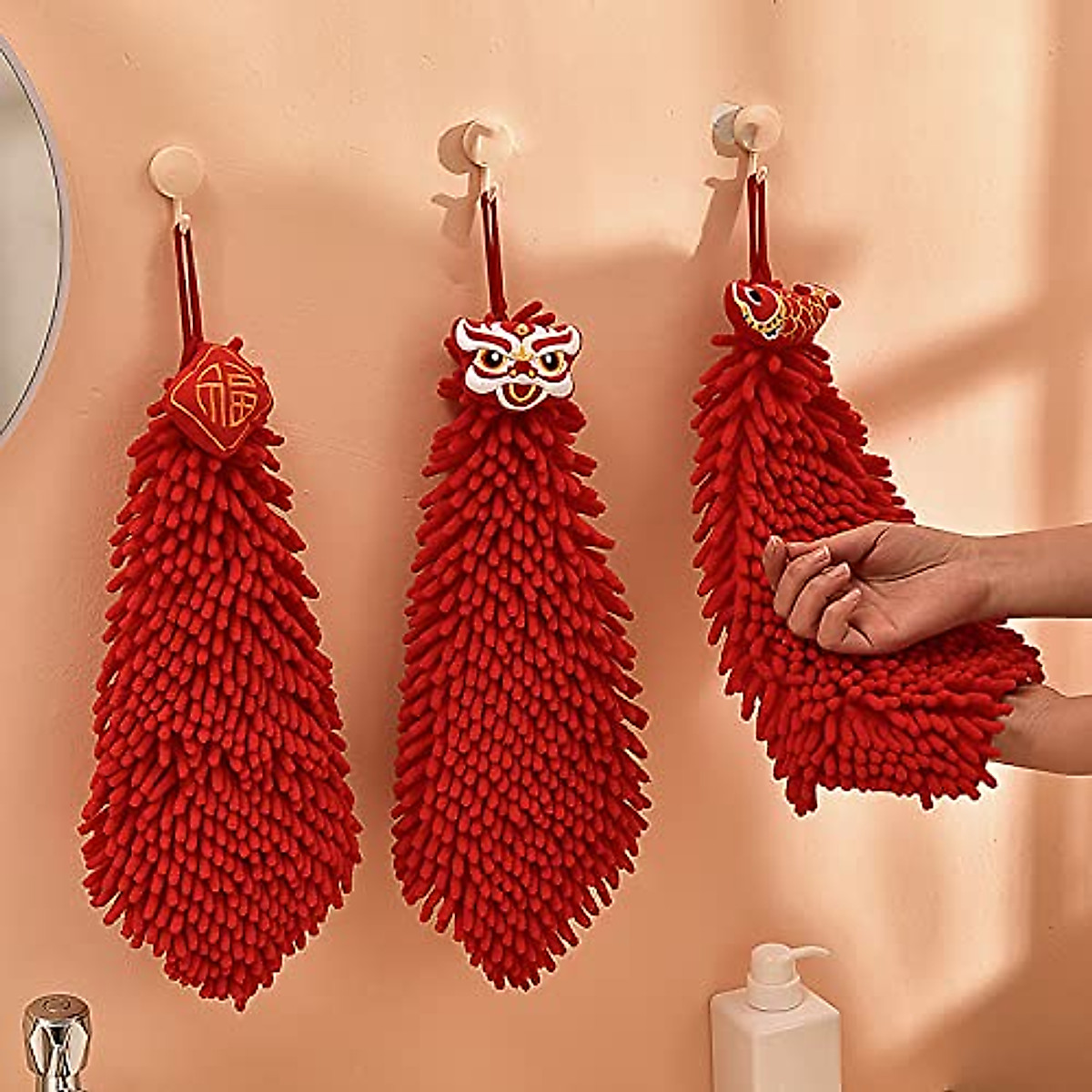 3 Pack Chenille Hanging Hand Towels Soft Absorbent Microfiber Hand Towels Plush Quick-Drying Cute Cartoon Chinese Red Hand Towel with Hanging Loops for Bathroom Kitchen(Lion+Koi+Blessing)