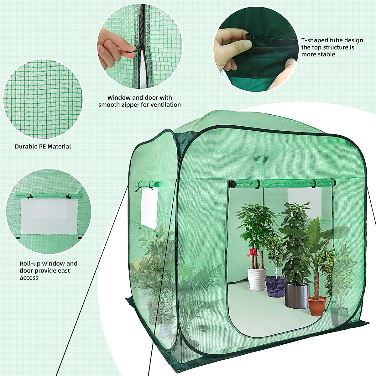Upgraded Pop-Up Plant Greenhouse for Outdoors with Roll-up Zipper Entry Doors and Windows, Durable PE Cover, Walk-in and Portable Fast Set-up Green House with Ground Pegs & Ropes for Stability