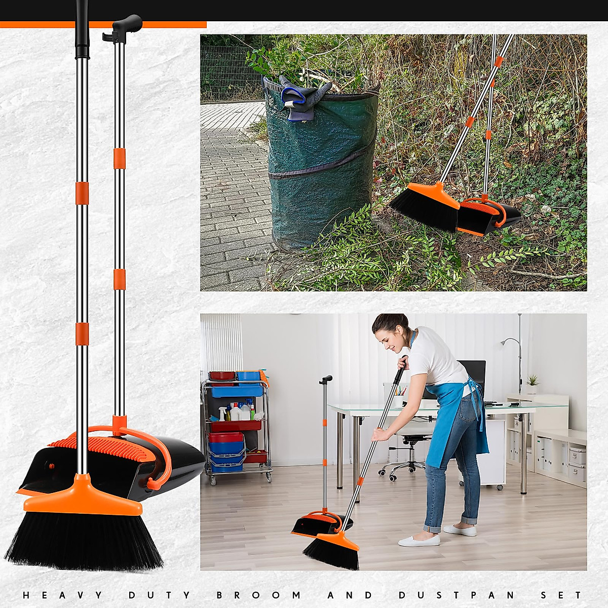 Tioncy Heavy Duty Broom and Dustpan Set 2 Plus 1 Set with Comb Commercial Windproof Stand up Broom Outdoor Indoor for Courtyard Garage Lobby Mall Market Floor Kitchen Home Office Pet Hair Rubbish