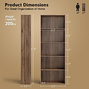 Tangkula 5-Shelf Bookcase, 23.5''L x 9.5''W x 67''H, Multi-Functional Wood Storage Display Open Bookshelf for Home Office (Walnut)