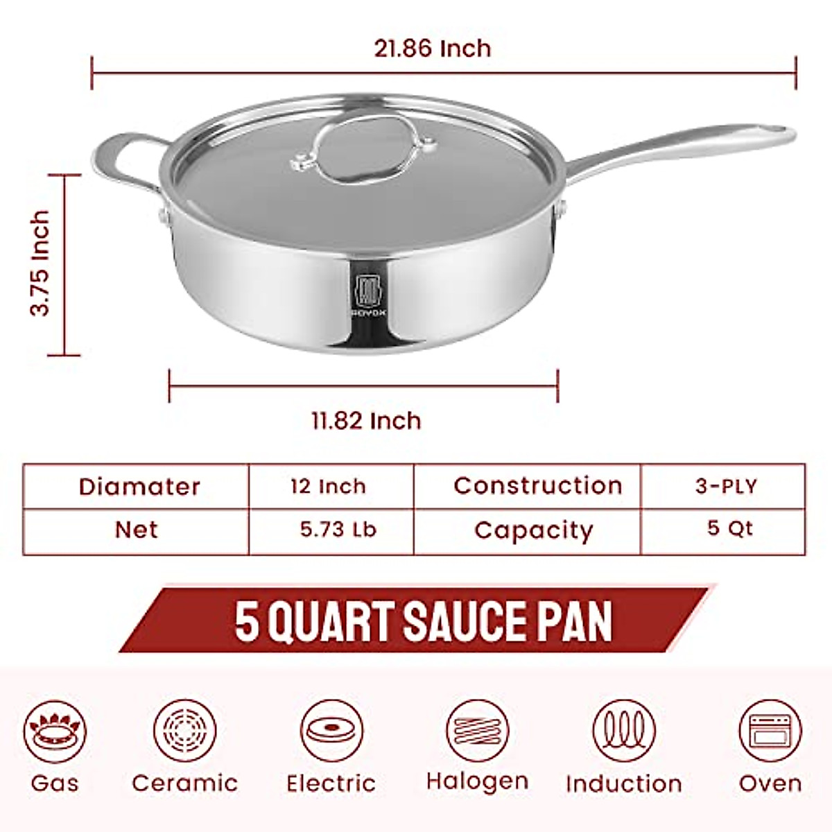 ROYDX Stainless Steel Skillet Saute Pan, 5 Quart Tri-ply Nonstick Large Fry Pans with Lid Single Stay-Cool Handle Cookware, Induction/Electric Gas Cooktops Oven Dishwasher Safe, for Kitchen Camping