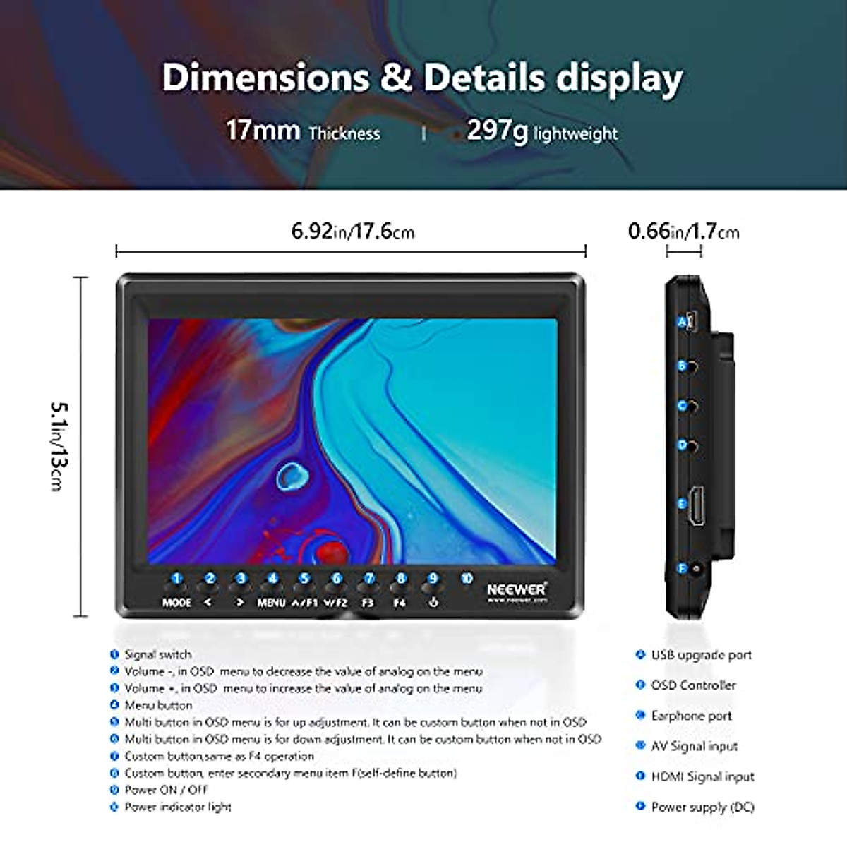 Neewer F100 7 Inch Camera Field Monitor Video Assist Slim IPS 1280x800 HDMI Input 1080p with Sunshade for DSLR Cameras, Handheld Stabilizer, Film Video Making Rig (Battery and Adapter NOT Included)