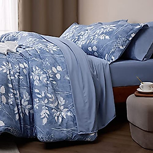 Bedsure Queen Comforter Set - 7 Pieces Blue Floral Bedding Sets Queen Bed in a Bag with Reversible Botanical Flowers Comforter, Sheets, Pillowcases & Shams
