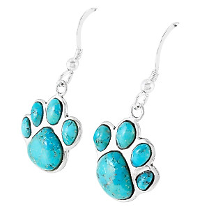 Dog Paw Earrings in Sterling Silver Genuine Turquoise & Gemstones (Turquoise)
