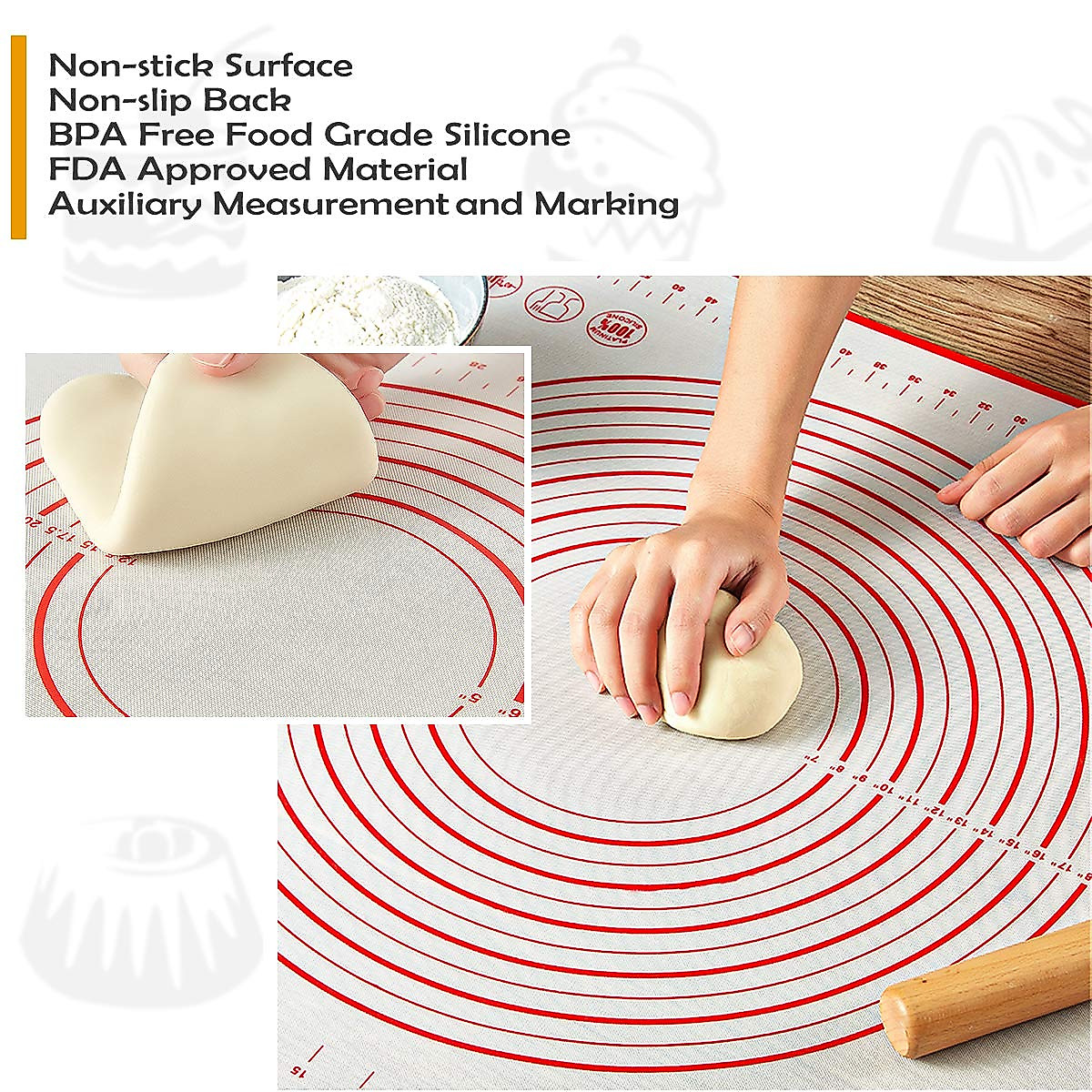 Pastry Mat for Rolling Dough, WeGuard 24"x20" Silicone Pastry Kneading Mat Board with Measurements Marking BPA Free Food Grade Non-stick Non-slip Rolling Dough Baking Mat