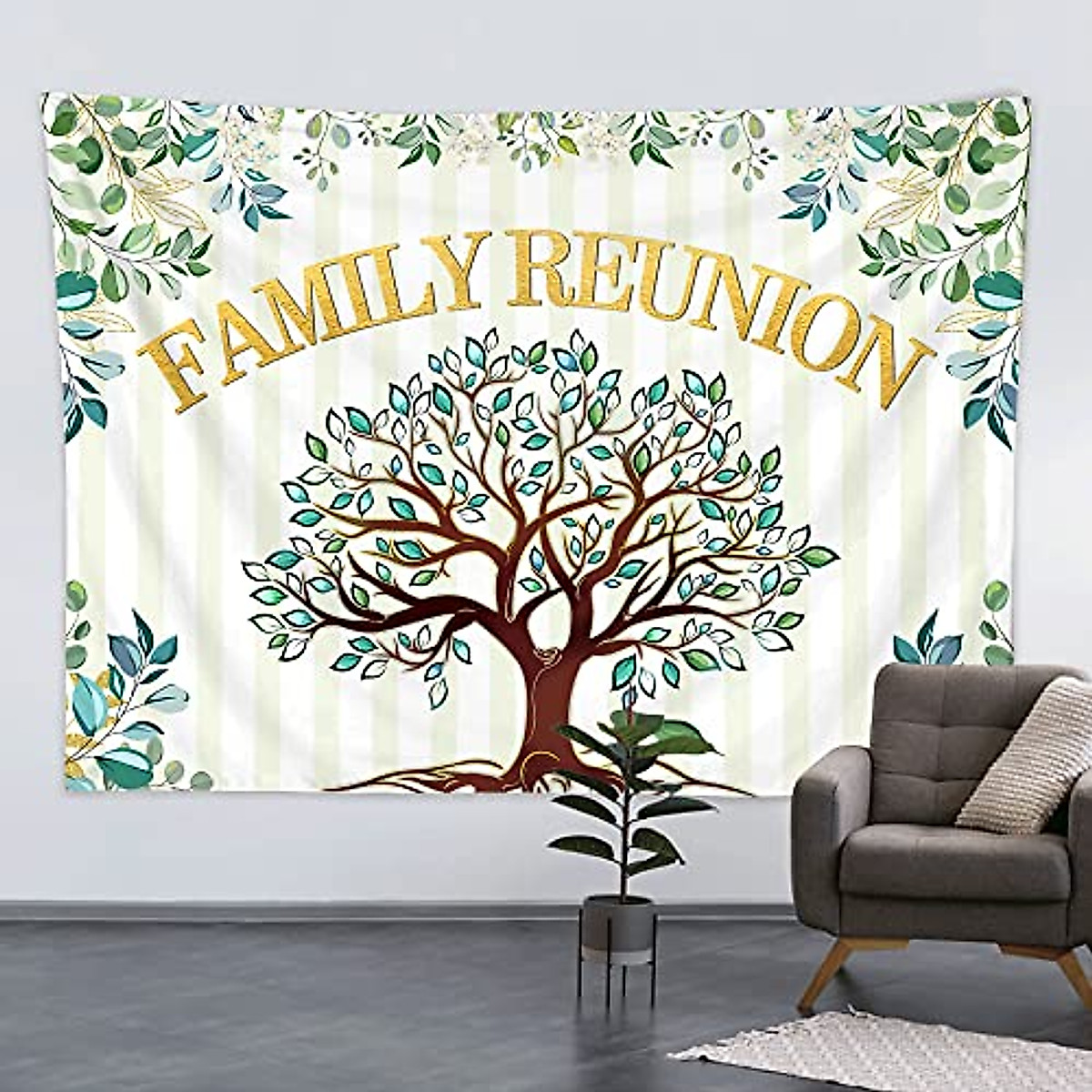 9x6ft Family Reunion Backdrop Family Tree Leaves Welcome to Our Family Members Photography Background Gathering Gold and Green Party Decorations Supplies Photo Banner Booth Props
