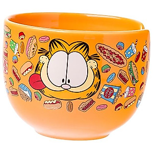 Silver Buffalo Garfield Hungry Junk Food Ceramic Ramen Noodle Rice Bowl with Chopsticks and Spoon, Microwave Safe, 20 Ounces