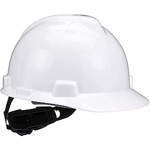 MSA 475358 V-Gard Cap Style Safety Hard Hat With Fas-Trac III Ratchet Suspension | Polyethylene Shell, Superior Impact Protection, Self Adjusting Crown-Straps - Standard Size in White