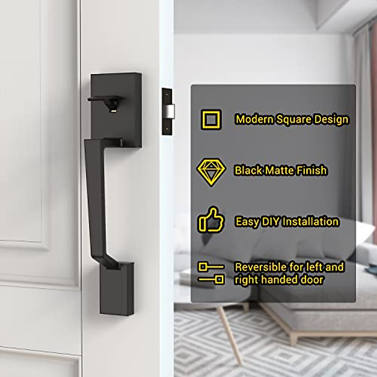 Ohuhu Front Door Handle, Heavy Duty Upgraded Front Door Lock Set Exterior Entry Matte Black Door Handles Single Cylinder Reversible Lever Zinc Alloy Use with Mechanical Electronic Smart Deadbolt Lock