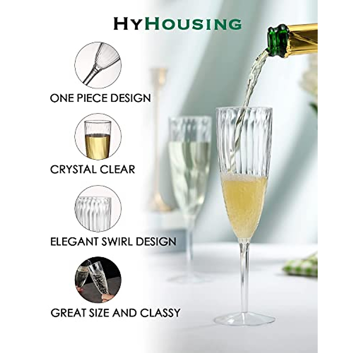 HyHousing 48 Plastic Champagne Flutes, Clear Disposable Plastic Champagne Glasses Reusable Wine Cocktail Cups for Home Daily Life Party Wedding Toasting Drinking Birthday(6 oz)