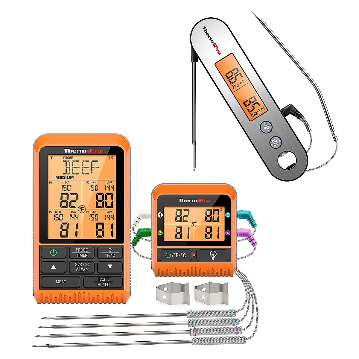 ThermoPro TP829 Wireless Meat Thermometer for Grilling and Smoking with ThermoPro TP610 Programmable Dual Probe Meat Thermometer with Alarm