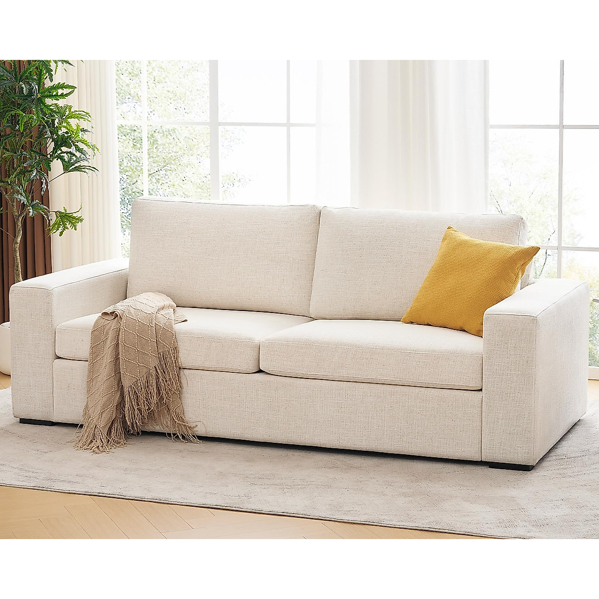 ELUCHANG 85" Modern Sofa Couches for Living Room, 3 Seater Sofa, Natural Linen Deep Seat Sofa with Upholstered Cushion&Detachable Cover, Comfy Sofa Couch for Small Space, Apartment, Cream
