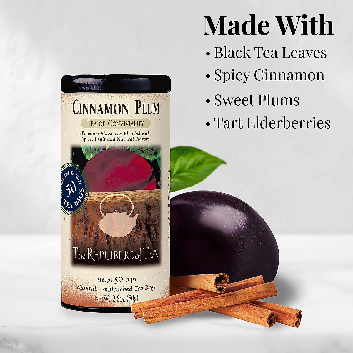 The Republic of Tea Cinnamon Plum Tea, 2.8 oz Tin, 50 Tea Bags, Spiced Black Tea | Caffeinated Tea