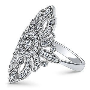 BERRICLE Sterling Silver Navette Cubic Zirconia CZ Statement Art Deco Cocktail Fashion Ring for Women, Rhodium Plated Size 10
