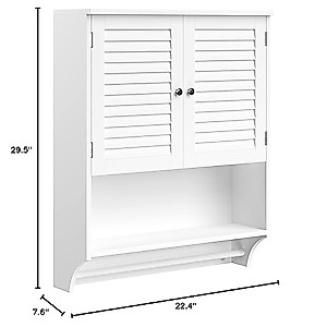 Lavish Home Wall-Mounted Bathroom Organizer – Medicine Cabinet or Over-The-Toilet Storage with Stylish Shutter Doors and Towel Bar, White