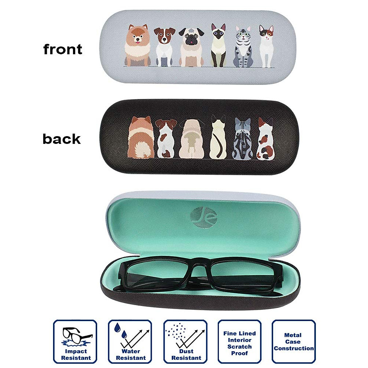 JAVOedge [4 PACK], Printed Front and Back Dogs Pattern Durable Hard Clamshell Eyeglass Storage Case w/Microfiber Cloth