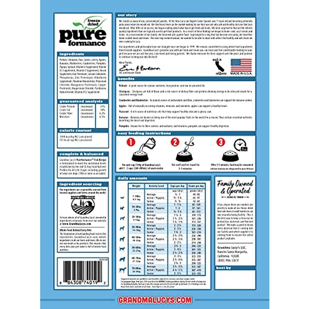 Grandma Lucy's PUREformance Dog Food, Grain Free and Freeze-Dried - Fish, 3 Pound Bag