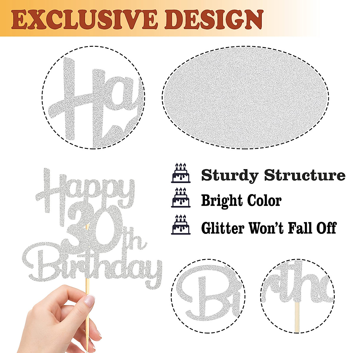 Sotpot Happy 30th Birthday Cake Topper Silver Glitter 30th Cake Toppers 30 Birthday Cake Decorations Cheers to 30 Fabulous Party Cake Picks - 1 Pack