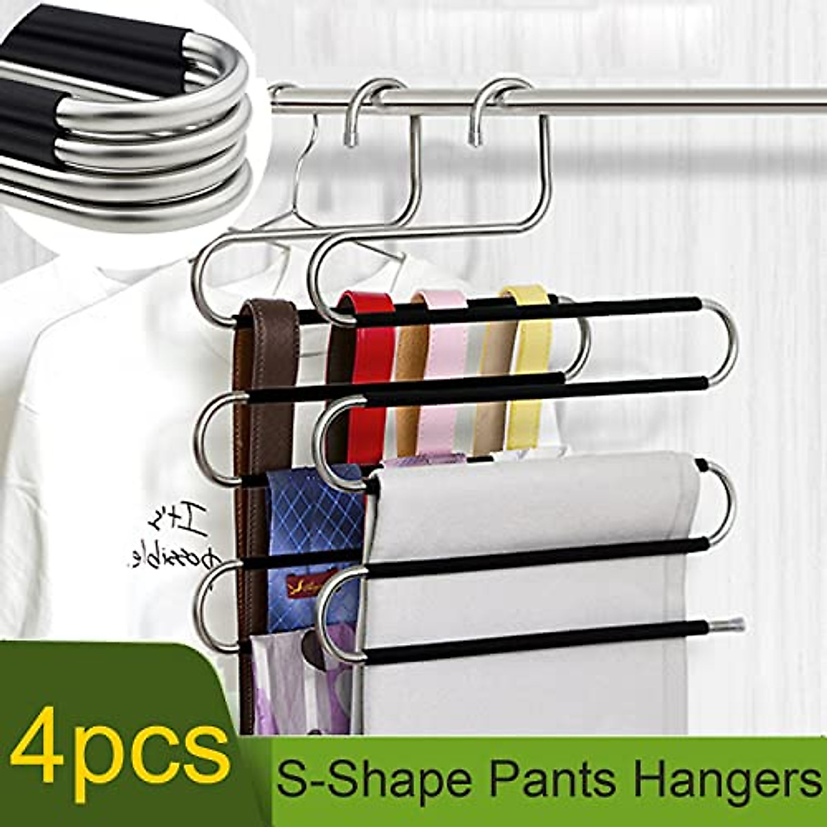 S-Shape Pants Hangers Space Saving Trousers Hangers 4 Pack, 5 Layer Stainless Steel S-Shape Trousers Hangers
