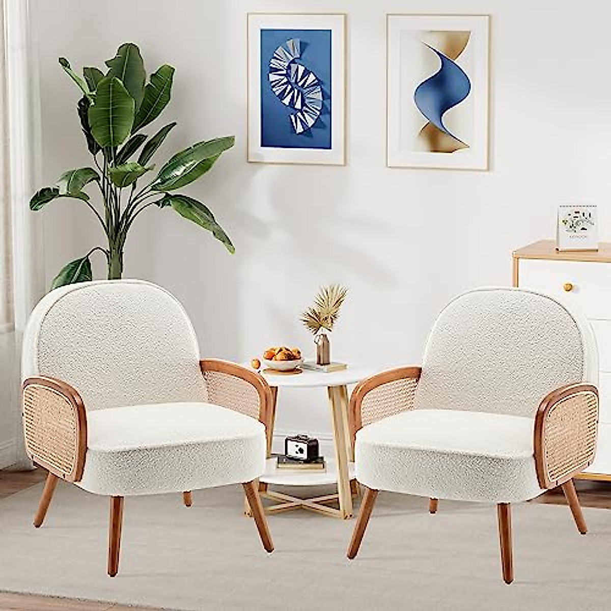 SHINEBOOM Accent Chairs Rattan Comfy Upholstered Modern Arm Chair for Living Room Reading Bedroom Balcony Sherpa Plush Chair, White