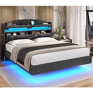 ADORNEVE Queen Floating Bed Frame with USB-C/A Charging Station, LED Bed Frame with Storage Headboard, Upholstered Platform Queen Bed with Shelves, Hidden Storage, Stable Structure,Dark Grey