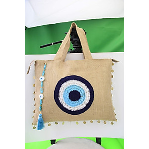KarensLine Handmade Evil Eye Beach Bags Eco Friendly Bags Shoulder Bag Women Zipper Closure Wipeable Inner Lining
