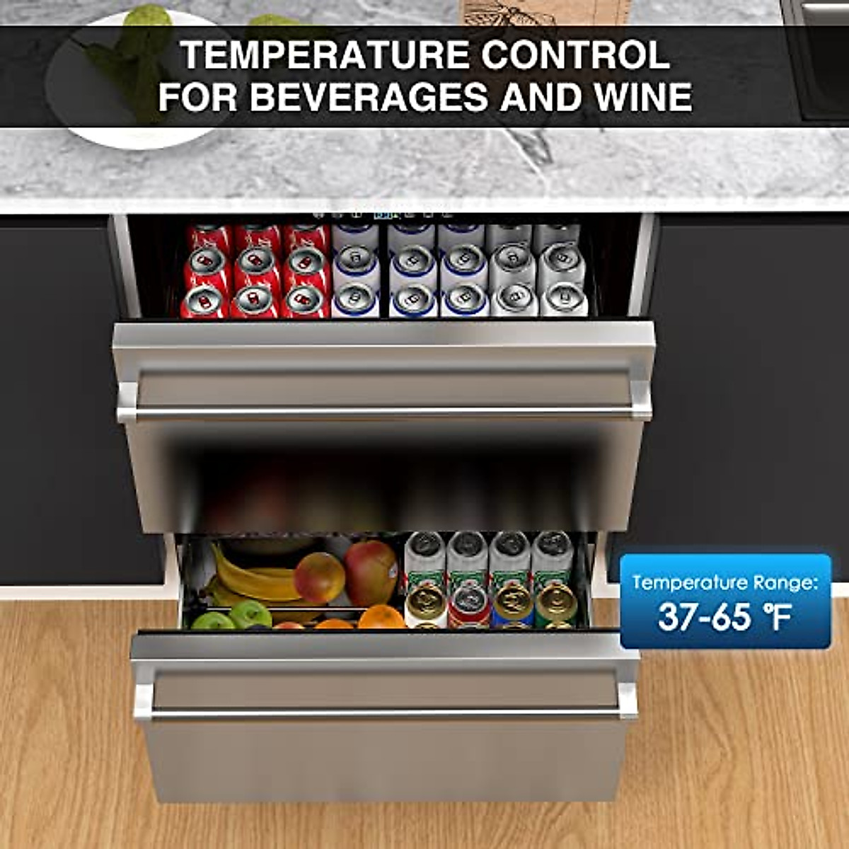 24 Inch Under Counter Double Drawer Fridge, Indoor and Outdoor Beverage Refrigerator, Weather Proof Stainless Steel Beverage Fridge for Home & Commercial Use, Built-in and Freestanding (Foam Door)