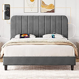 Yaheetech Queen Bed Frame Velvet Upholstered Platform Bed with 2 USB Charging Stations/Ports for Type A&Type C, Seamlessly Connected Headboard/Noise-Free/Wood Slats Support, Dark Gray Queen Bed