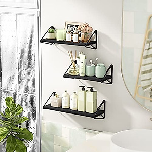 SRIWATANA Floating Shelves Wall Mounted, Rustic Wood Wall Shelves Set of 3 for Bedroom, Living Room, Kitchen, Bathroom - Black