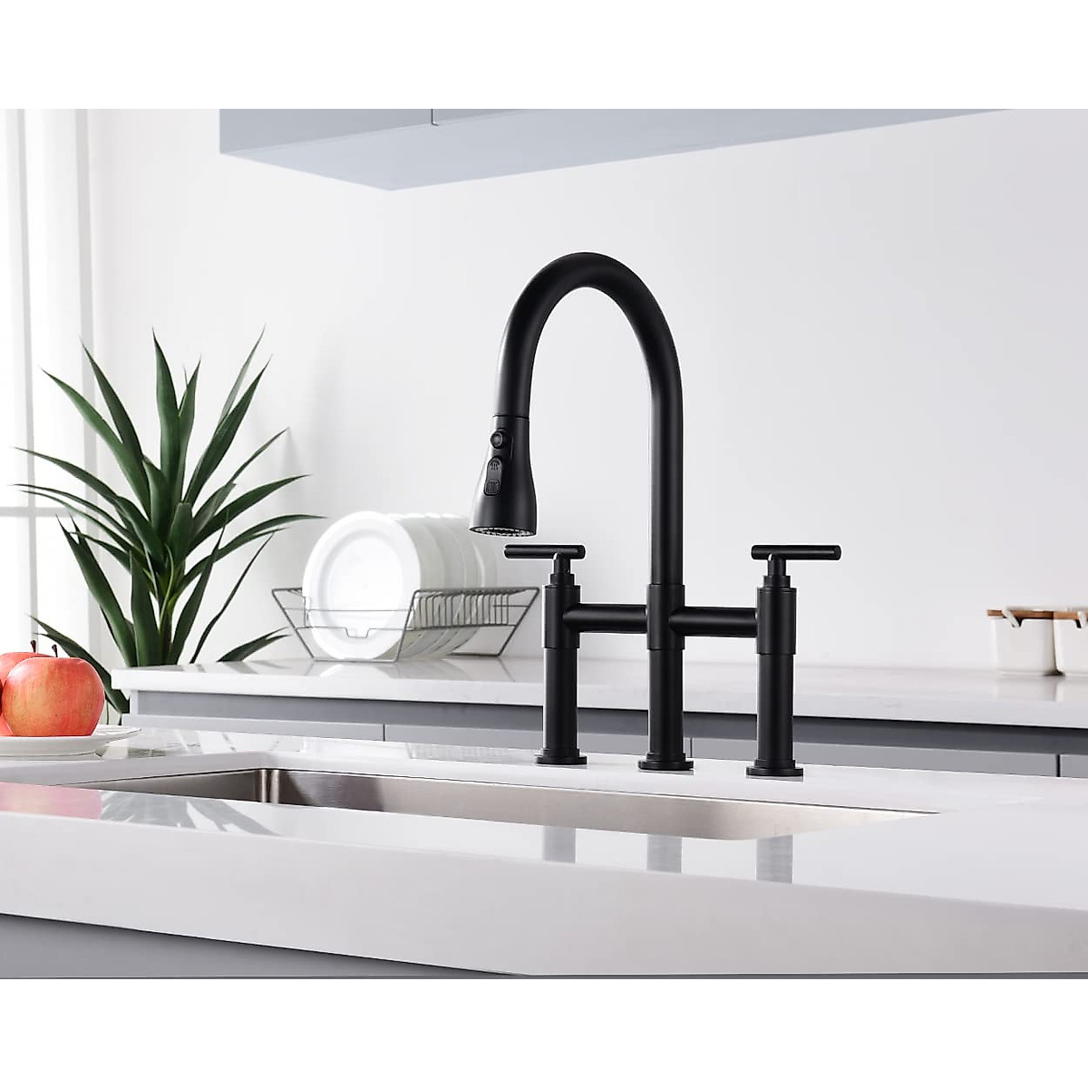 ARRISEA Matte Black Bridge Kitchen Faucet with 3 Mode Pull-Down Sprayer 2 Handle 8 Inch Faucet for Kitchen Sinks 3 Hole Kitchen Sink Faucet, Fingerprint Resistant Spot Free BL-BKF-15108BK