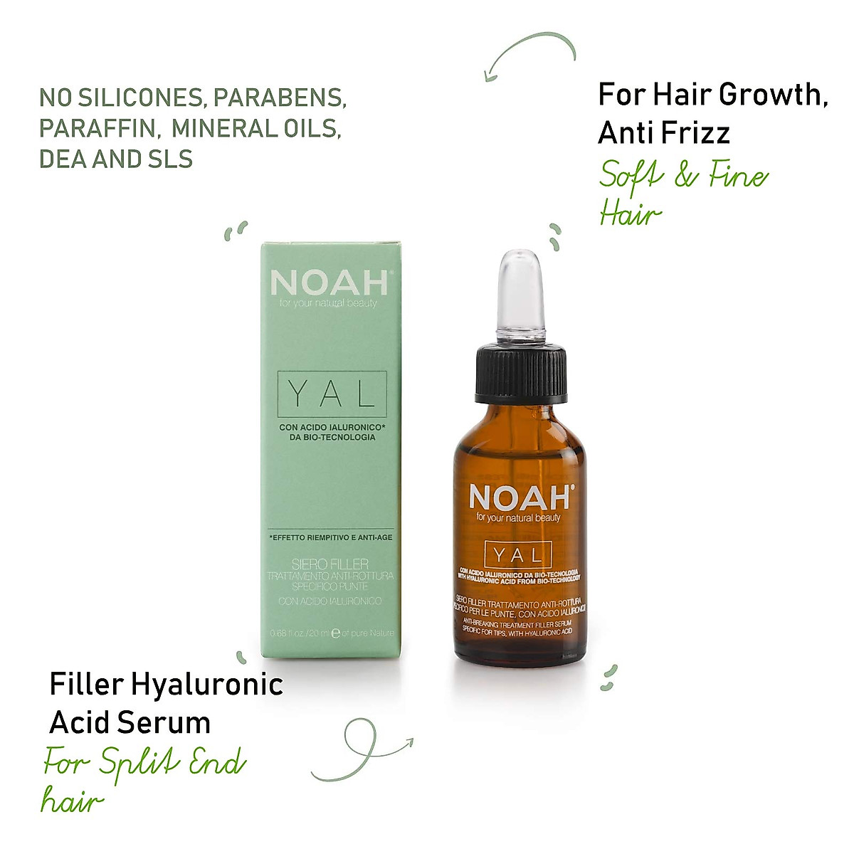 NOAH Yal Filler Hyaluronic Acid Serum - Repair, Anti Frizz, Soft, Smooth, Fine, Anti- Hair Loss, Damaged Hair Growth - Travel, 20 ml