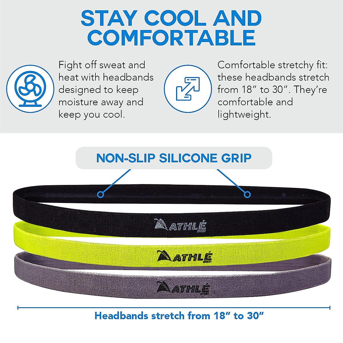 Athlé Skinny Headbands for Women and Men - 6 Pack - Elastic Headbands for Women and Men - Non Slip Silicone Grip - Lightweight and Comfortable Thin Headbands - Black, Green, Grey