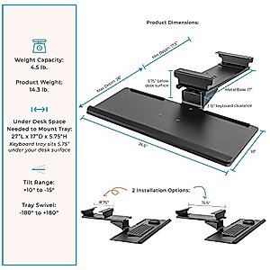 Stand Steady Under Desk Keyboard Tray | Adjustable Tilting Keyboard Shelf for Ergonomic Typing | Screw-On Under Desk Storage with Cable Clips (Tray Specs: 26.5in x 10in | Overall Specs: 26.5in x 17in)