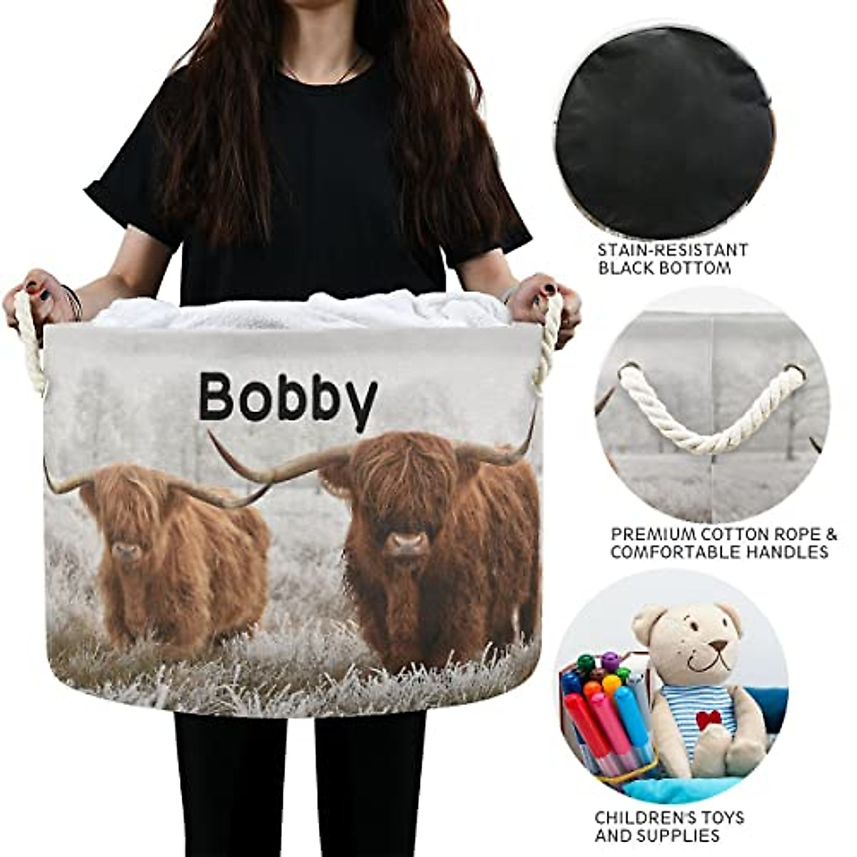 KLL Custom Large Capacity Toys Storage Bin with Cotton Rope Handle Personalized Name Clothes Storage Baskets Laundry Hamper Holiday Ornament Storage Organizer Scottish Highland Cow