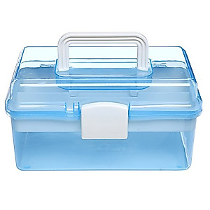 MyGift 10 Inch Portable Transparent Blue Plastic Storage Case Tool Box Sewing Box Organizer Travel Kit Box with Removable Tray, Clear Lid and Top Handle