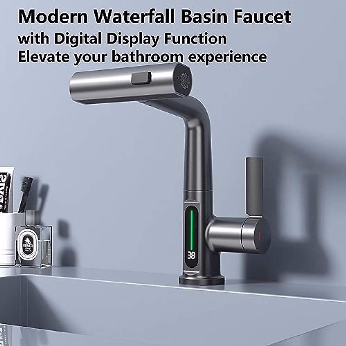 BARROCK Waterfall Bathroom Faucets with Pull Down Sprayer, Modern Pull Out Bathroom Sink Faucet with Digital Temperature Display, Height Adjustable Basin Mixer Tap No Battery Needed, Gun Grey