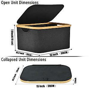 Fabric Storage Basket for Shelves, Black Storage Basket with Bamboo Handles, Collapsible Storage Bins, Rectangle Closet Baskets, Wardrobe Organiser, for Sorting Clothes, Family Items (with lid)