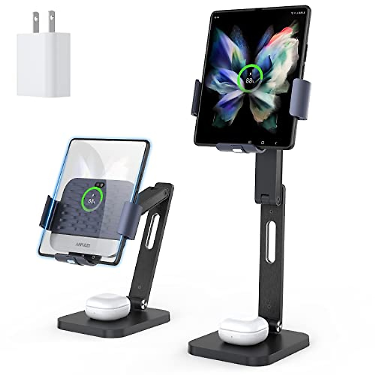 ANPULES Wireless Charger Stand for Z Fold 4/3/2, Aluminium Alloy Charging Station [3 Coils] 2 in 1 Charger Station for Samsung Galaxy Buds 2 Pro/Pro / 2 / Live and Z Fold Series（Include 20W Adapter）