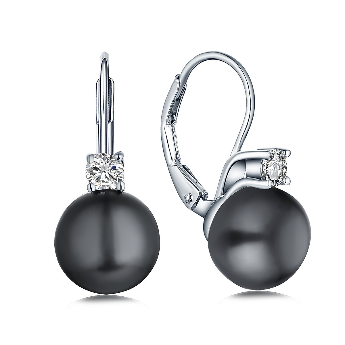 925 Sterling Silver Cubic Zirconia Black Freshwater Cultured Pearl Drop & Dangle Leverback Earrings (10mm black pearl)