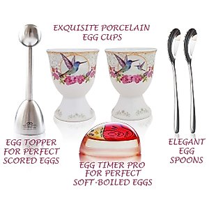 NobleEgg Complete Egg Cracker Topper Set | Unique Egg Cups for Soft Boiled Eggs, Egg Timer Pro, True 18/10 Egg Spoons, Egg Topper, Stylish Gift/Storage Box
