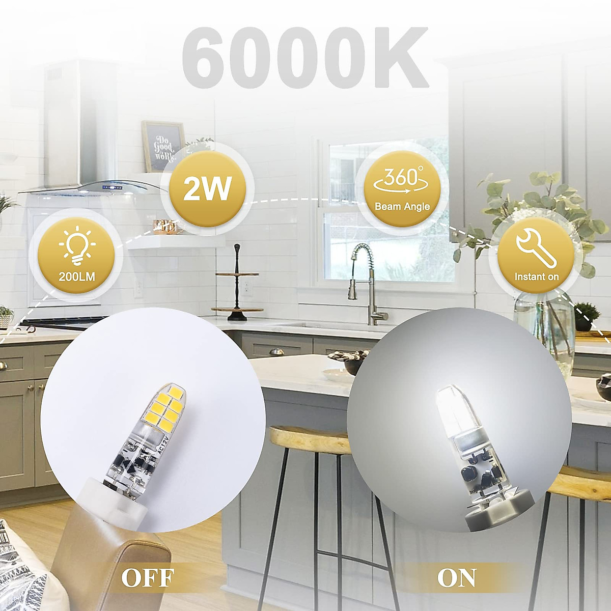 DiCUNO G4 LED Bulb 12V, JC Bi-Pin Base Light Bulbs 2W, Daylight White 6000K, 20W T3 Halogen Replacement Bulb for Landscape Light, Under Cabinet Light, Chandelier, Non-dimmable, Pack of 10