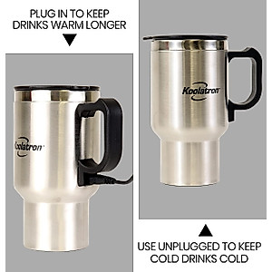 Koolatron 12V USB Insulated Travel Mug with Heater, 500 mL (17 oz), Silver and Black Stainless Steel for Car, SUV, Truck, Office, Home, Dorm