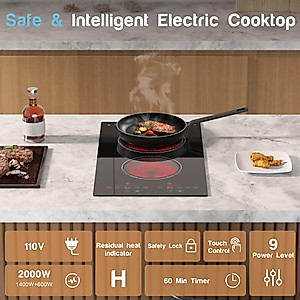 2 Burner Electric Cooktop, 110v Electric Stove with Plug, 12 Inch Countertop & Built-In Portable Electric Stove, 9 Levels of Power, 2000W, Touch Control, Safety Lock, Timer, Pause Function, Karienvir