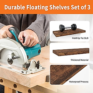 Upassion Floating Shelves for Wall Set of 3, 16" Rustic Brown Wall Shelves for Home Decor, Frame Display Wall Mounted Floating Shelf for Living Room, Bedroom, Bathroom, Kitchen