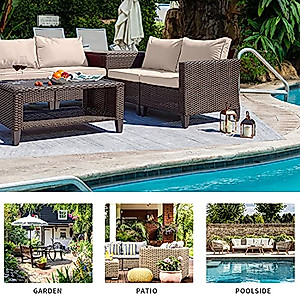 EROMMY 7 Pieces Patio Furniture Set, Outdoor Sectional PE Rattan Sofa with Table, Cushions and Pillows, Patio Sofa for Garden, Lawn, Balcony