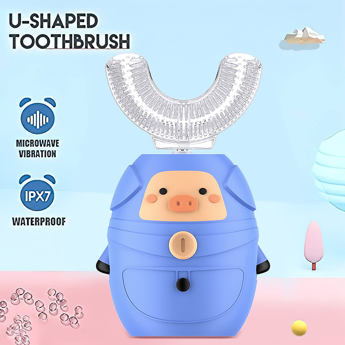 ZZCC Ultrasonic Kids Electric Toothbrush, New U Shape Kid Type Whitening IPX7 Waterproof, 3 Gear Speed, 3-12 Years(Blue-Mini Pig)