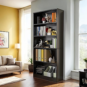 holzart 71" Tall Book Shelf, 5 Tier Large Bookshelf, Standing Wood Display Book Shelf for Living Room, Office, Library with Doors, 31.5" W x 70.87" H x 11.81" D, Black