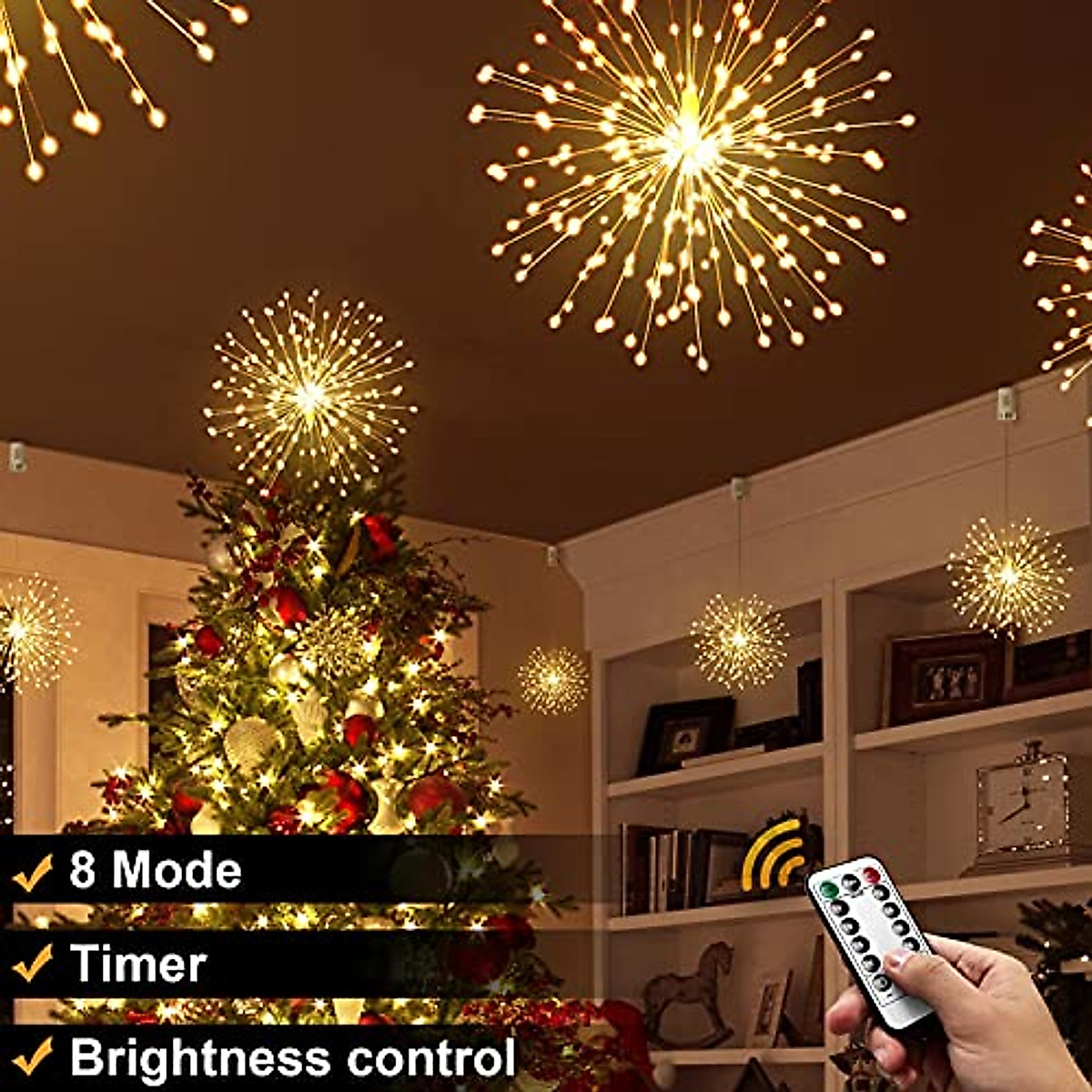 DenicMic Firework Lights 200 LED Copper Wire Starburst Light, 8 Modes Battery Operated Fairy Star Sphere Lights with Remote, Warm White Hanging Ceiling Decorations for Bedroom, Christmas, Party 2 Pack