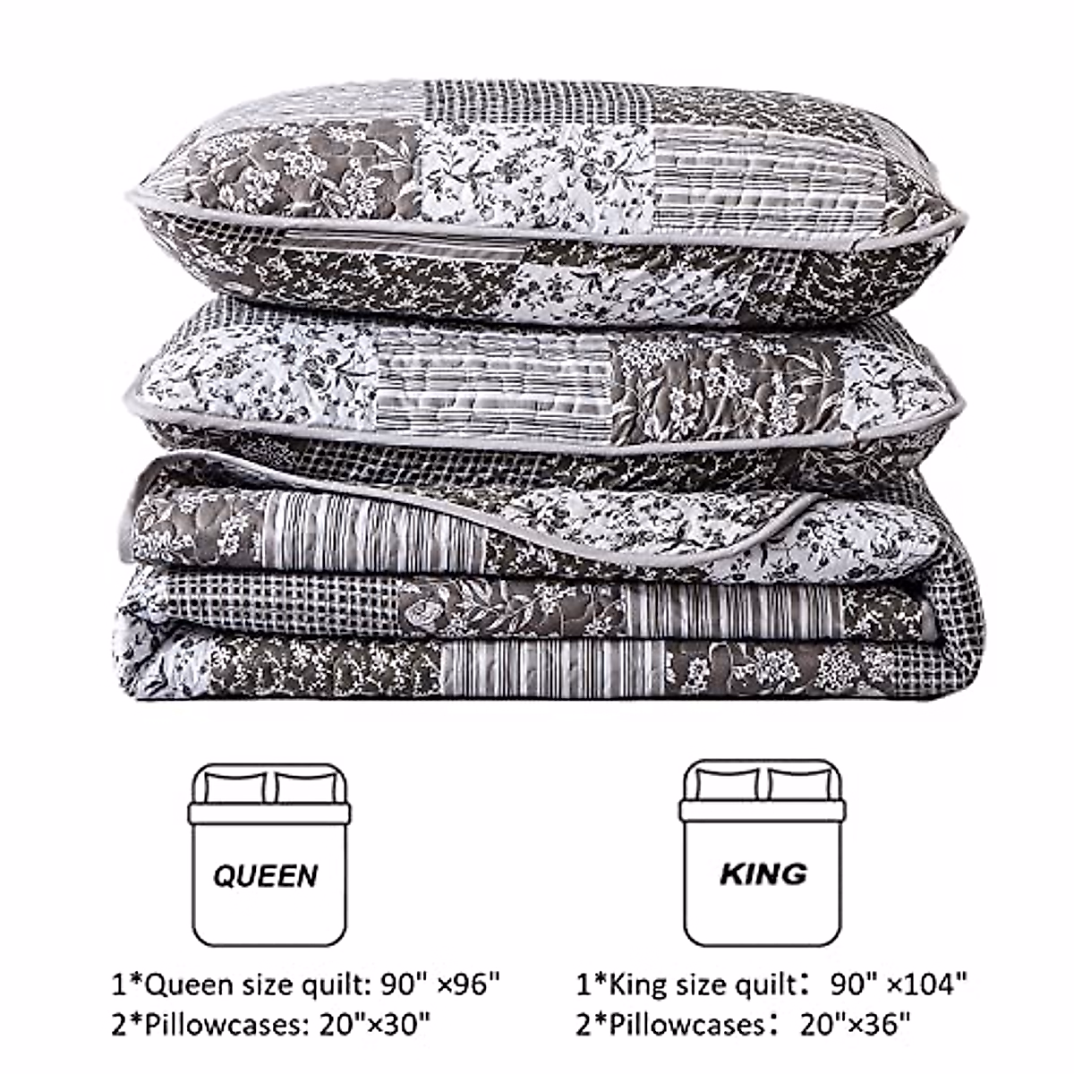 Mybedsoul Grey Boho Quilt Set King Size,3 Pieces Plaid Floral Bedspread Coverlet Set for All Season,Patchwork Reversible Bedding Set King 90"x104"