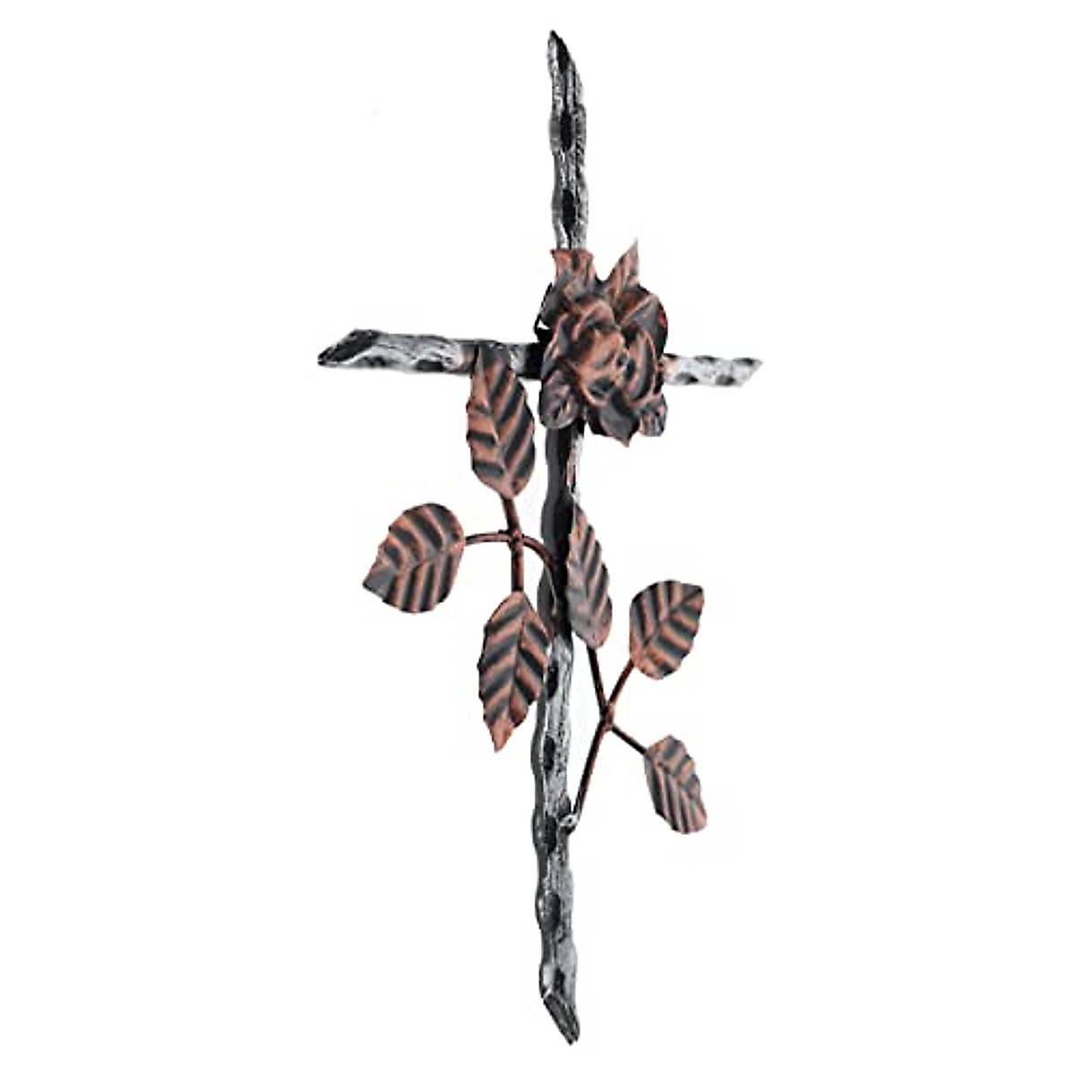 Top Brass Decorative Floral Wall Cross - Welded Wrought Iron - Leaves, Branches and Flowers Religious Metal Art Sculpture - Antique Silver/Copper Finish (Leaves and Rose)